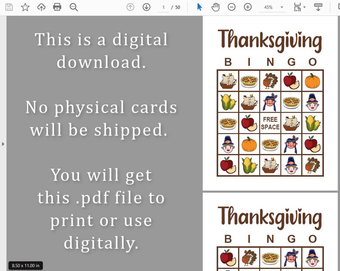 50 Thanksgiving Bingo Cards, 1 and 2 per Page, Instant Printable Fun ...