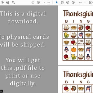 50 Thanksgiving Bingo Cards, 1 and 2 per Page, Instant Printable Fun ...