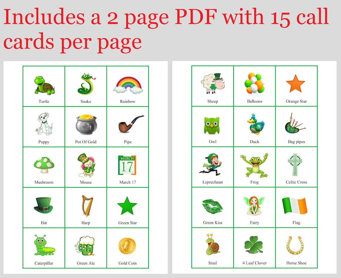 50 St. Patrick's Day Picture Bingo Cards, 1 per Page, Instant Printable ...