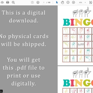 100 ASL Bingo Cards, Prints 1 and 2 per Page, Instant Pdf Download ...