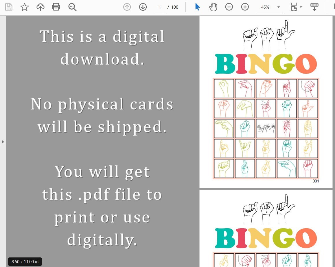 100 ASL Bingo Cards, Prints 1 and 2 per Page, Instant Pdf Download ...