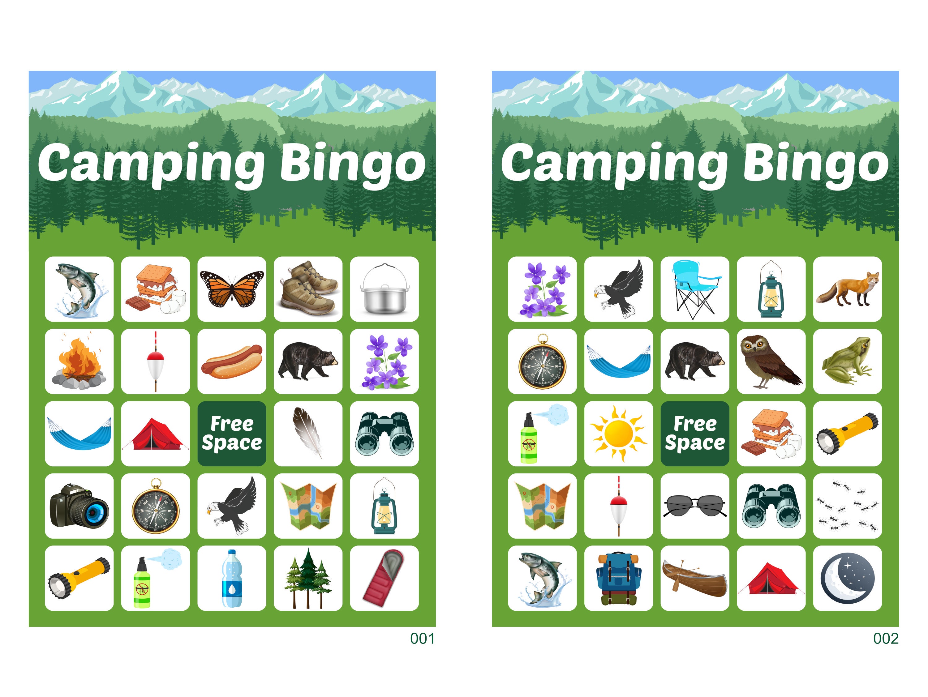 Camping Bingo Cards 200 cards prints 1 and 2 per page | Etsy