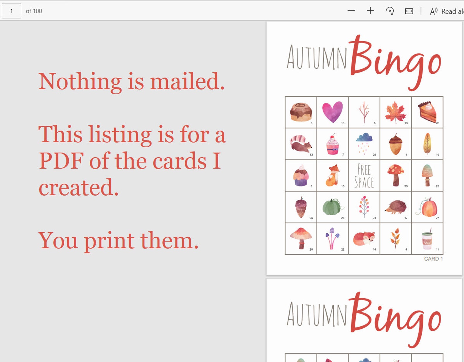 Autumn Picture Bingo 100 Cards 1 per Page Instant Pdf - Etsy