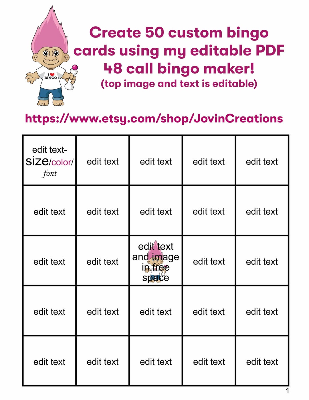 Custom Bingo Template, 50 Cards Automatically Fill, 48 Call, Top and ...