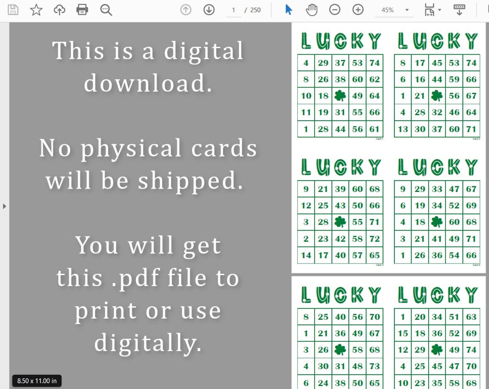 1000 LUCKY Bingo Cards, 1, 2, and 4 per Page, Instant Printable Pdf ...
