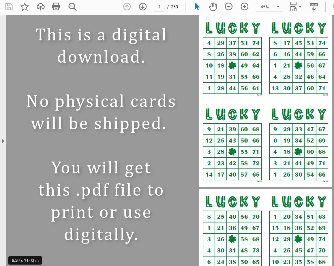 1000 LUCKY Bingo Cards, 1, 2, and 4 per Page, Instant Printable Pdf ...