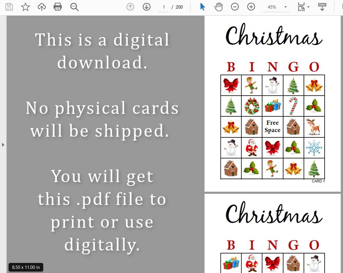 200 Christmas Bingo Cards Pdf Download, 75 Call, 1 and 2 per Page ...