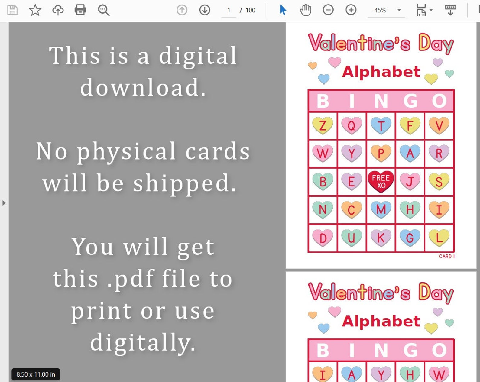 100 Valentine’s Day Alphabet Bingo Pdf Download, 1 per Page, 24 Call ...