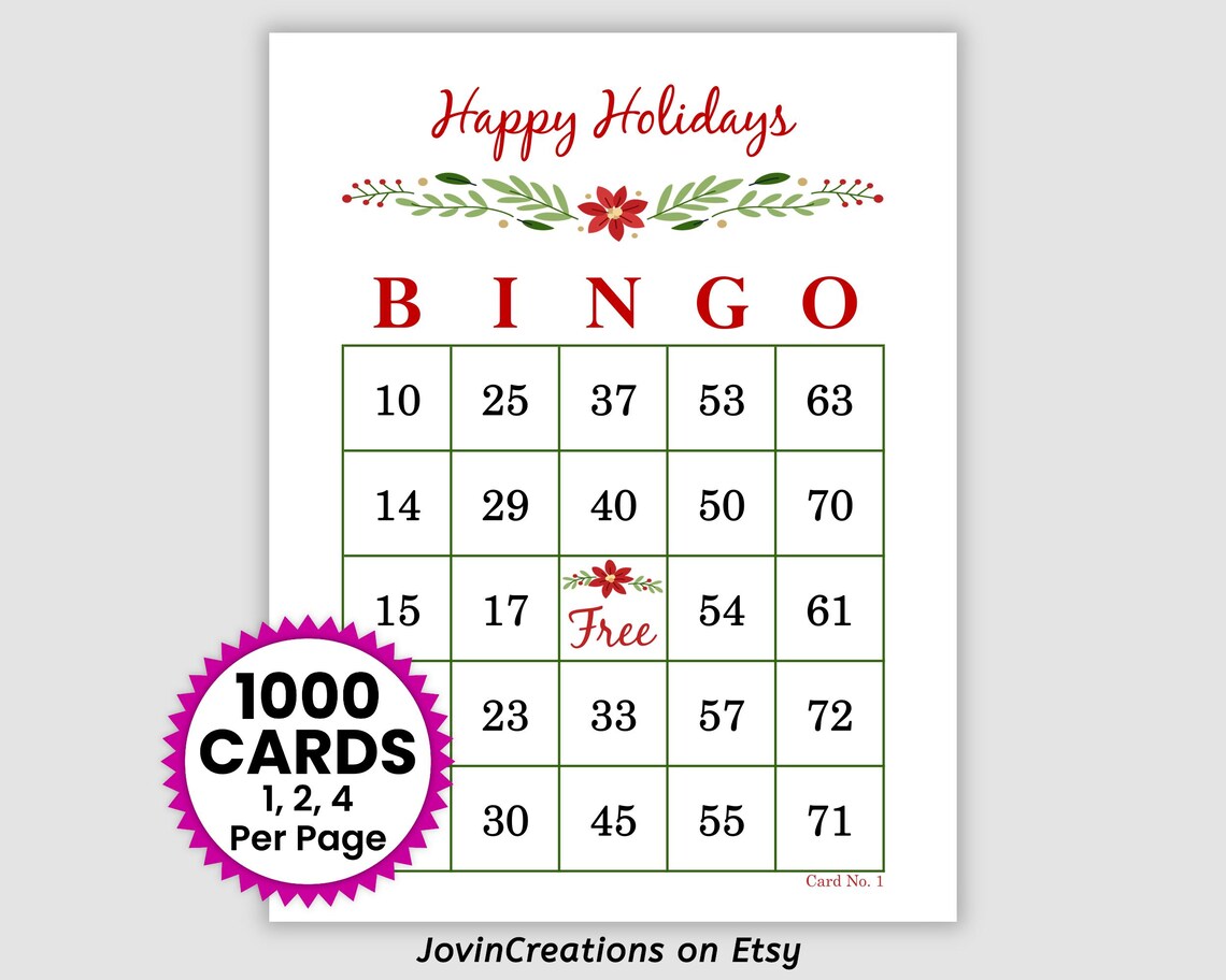 1000 Happy Holidays Bingo Cards Pdf Download, 1, 2, and 4 per Page ...