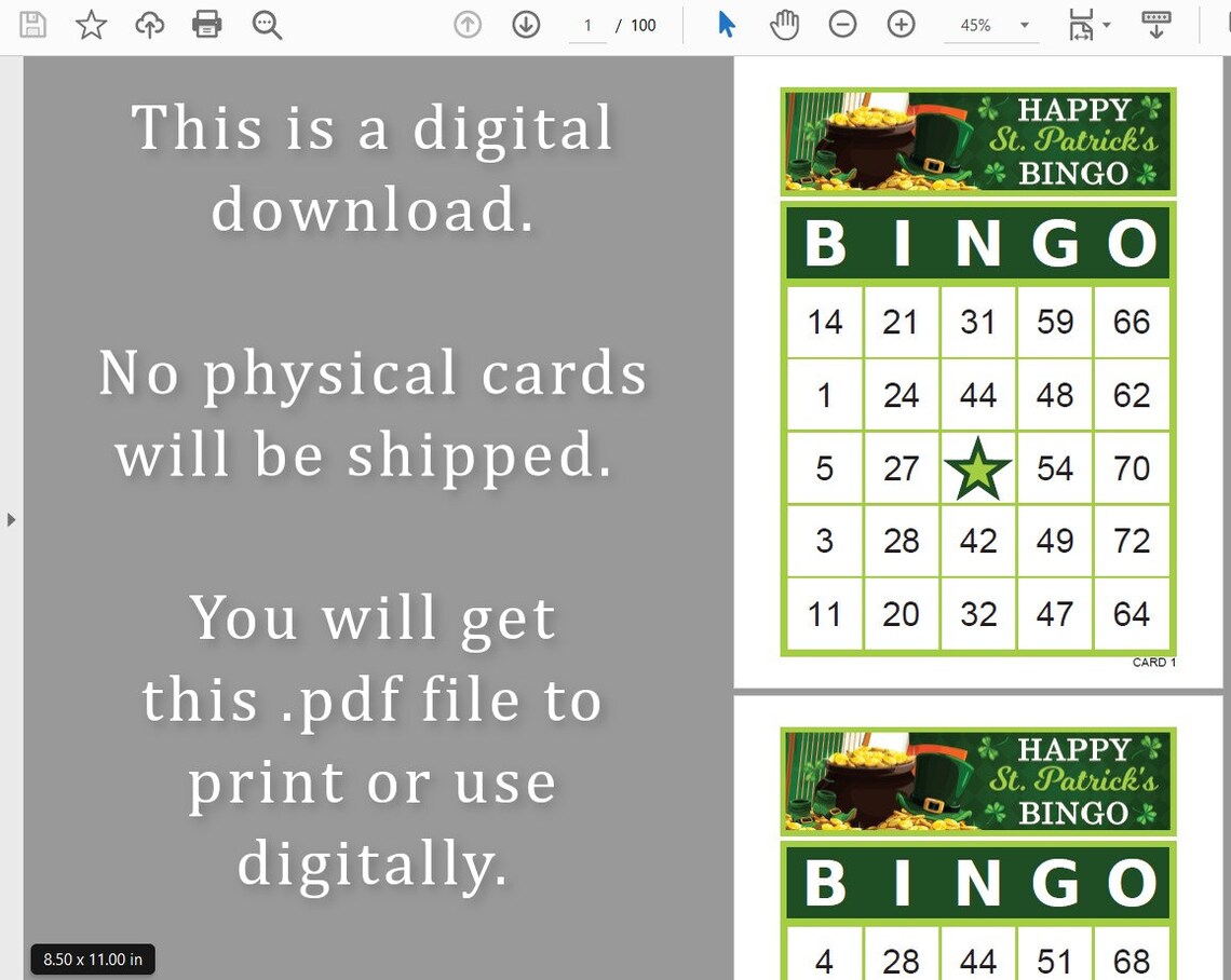 100 St. Patrick's Day Bingo Cards, 1 per Page, Instant Printable Pdf ...