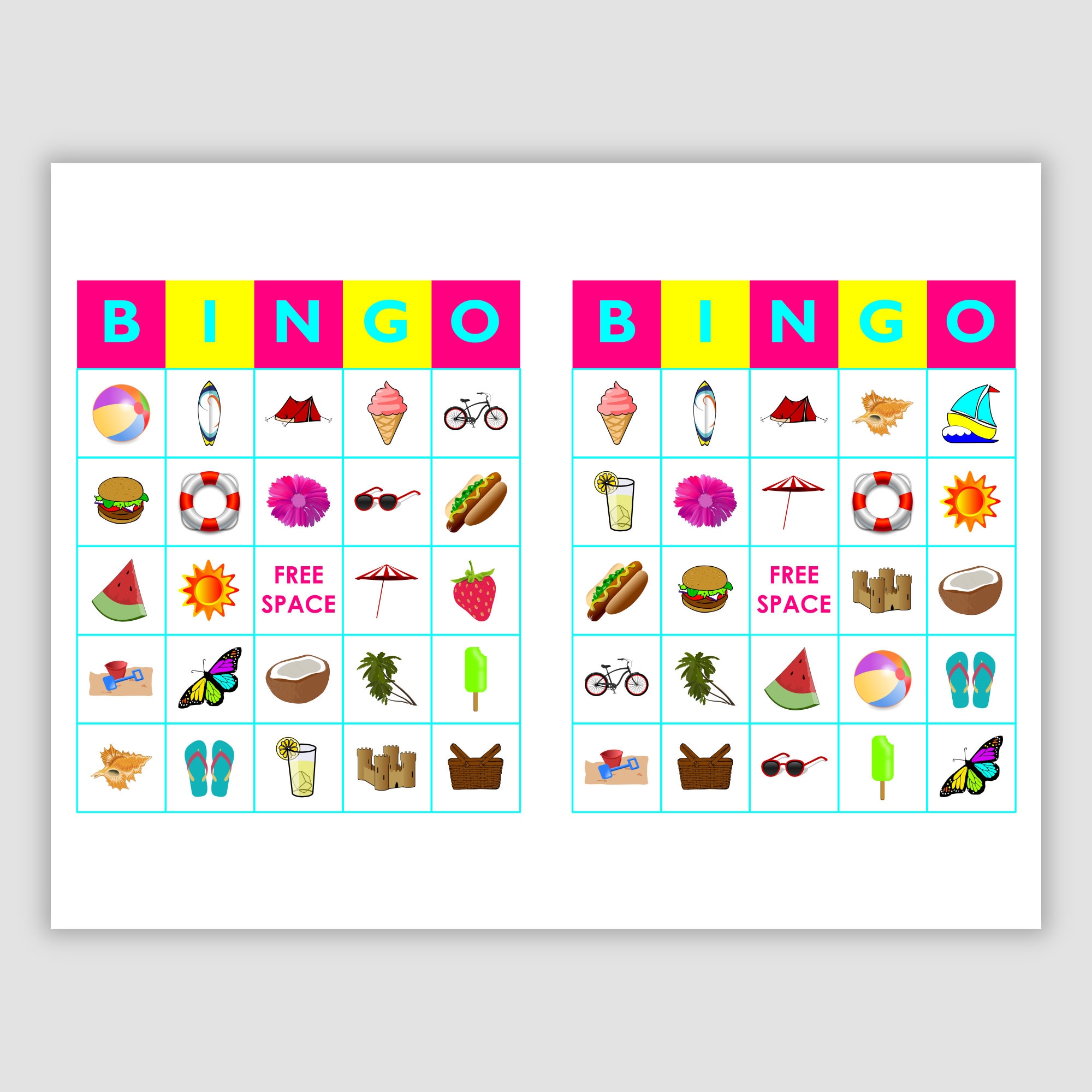 200 Summer Bingo Cards, 2 per Page, Instant Printable Pdf Download, Fun ...