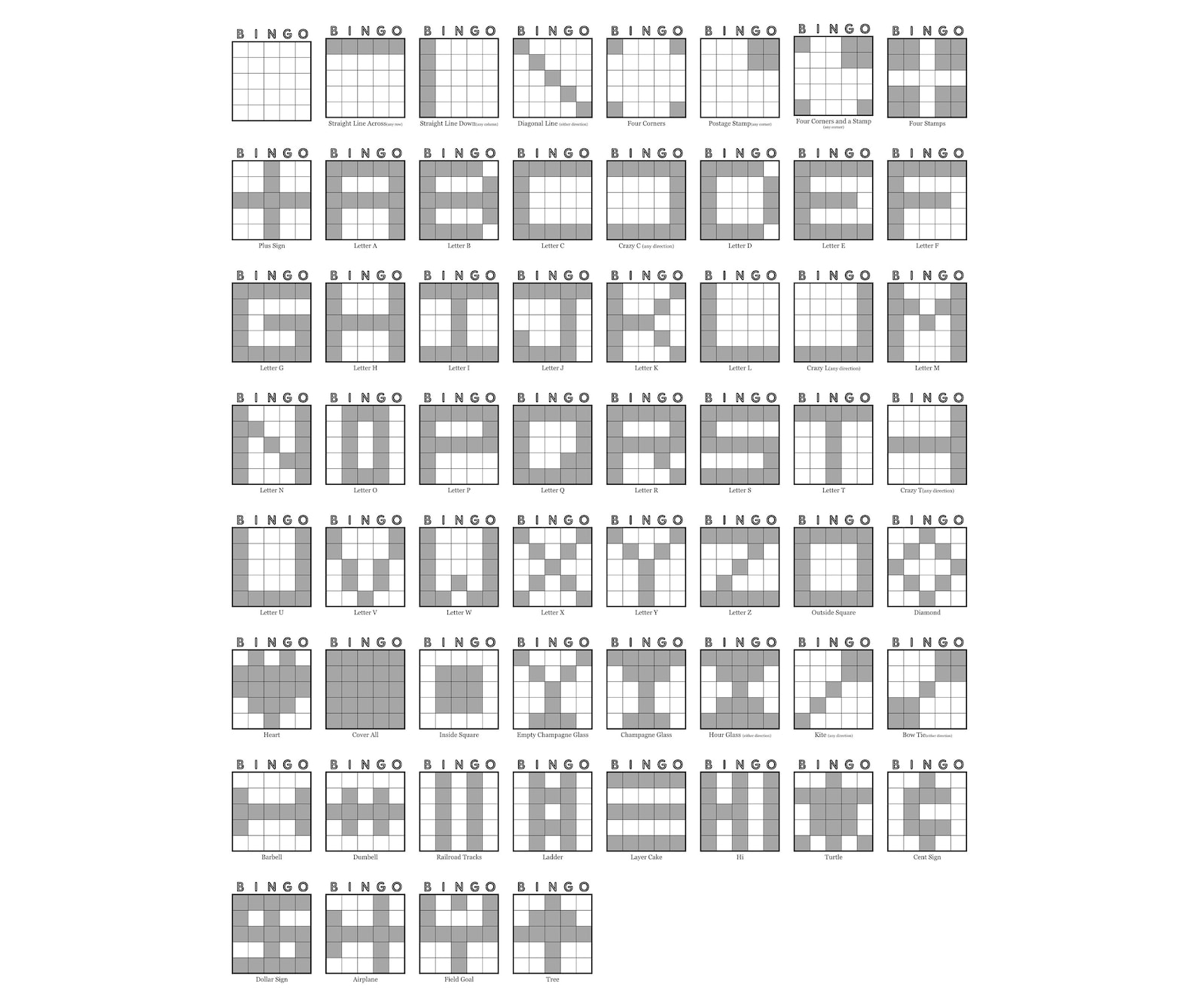 50 Bingo Patterns PDF file prints one per page immediate | Etsy