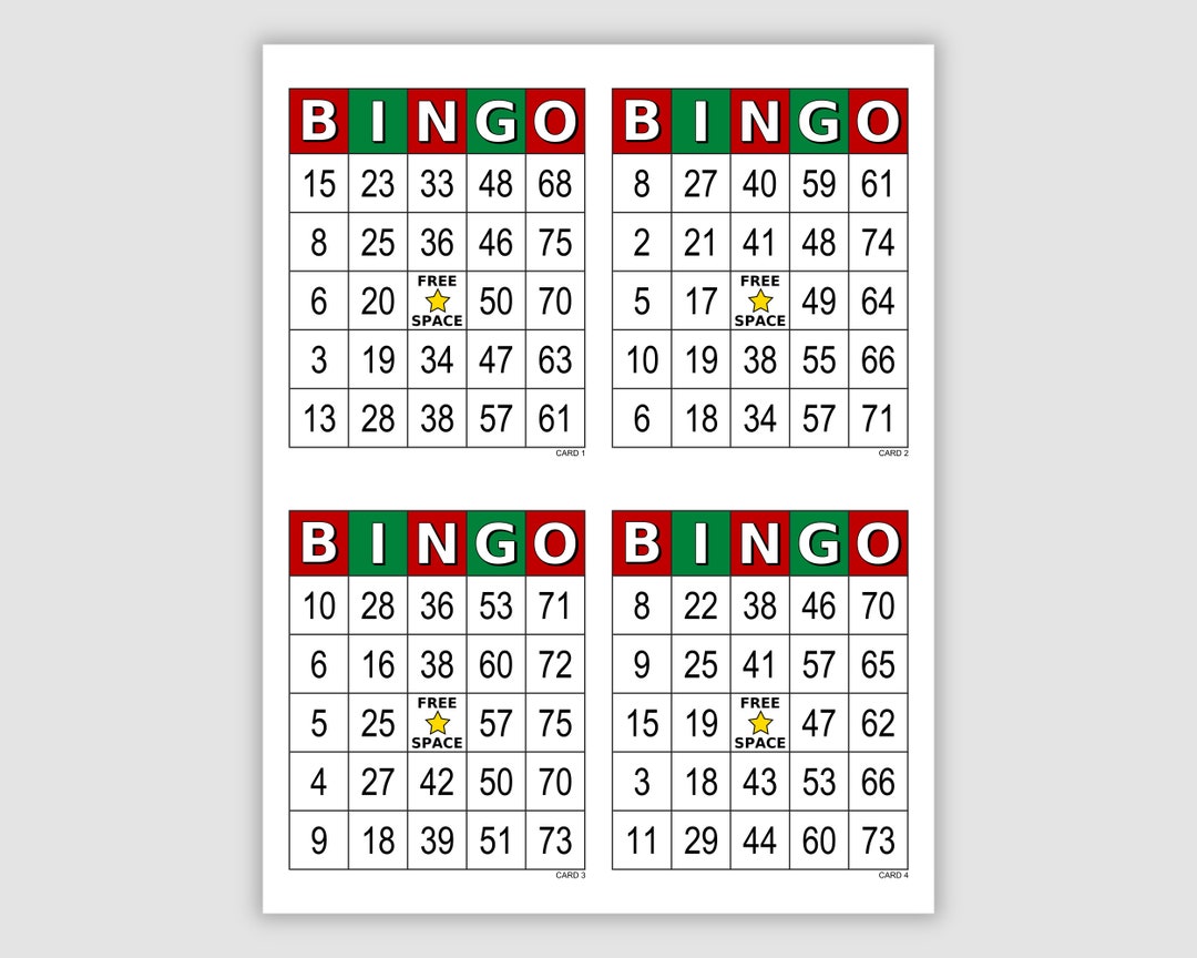 1000 Red and Green Bingo Cards, 1, 2, and 4 per Page, Pdf Download ...