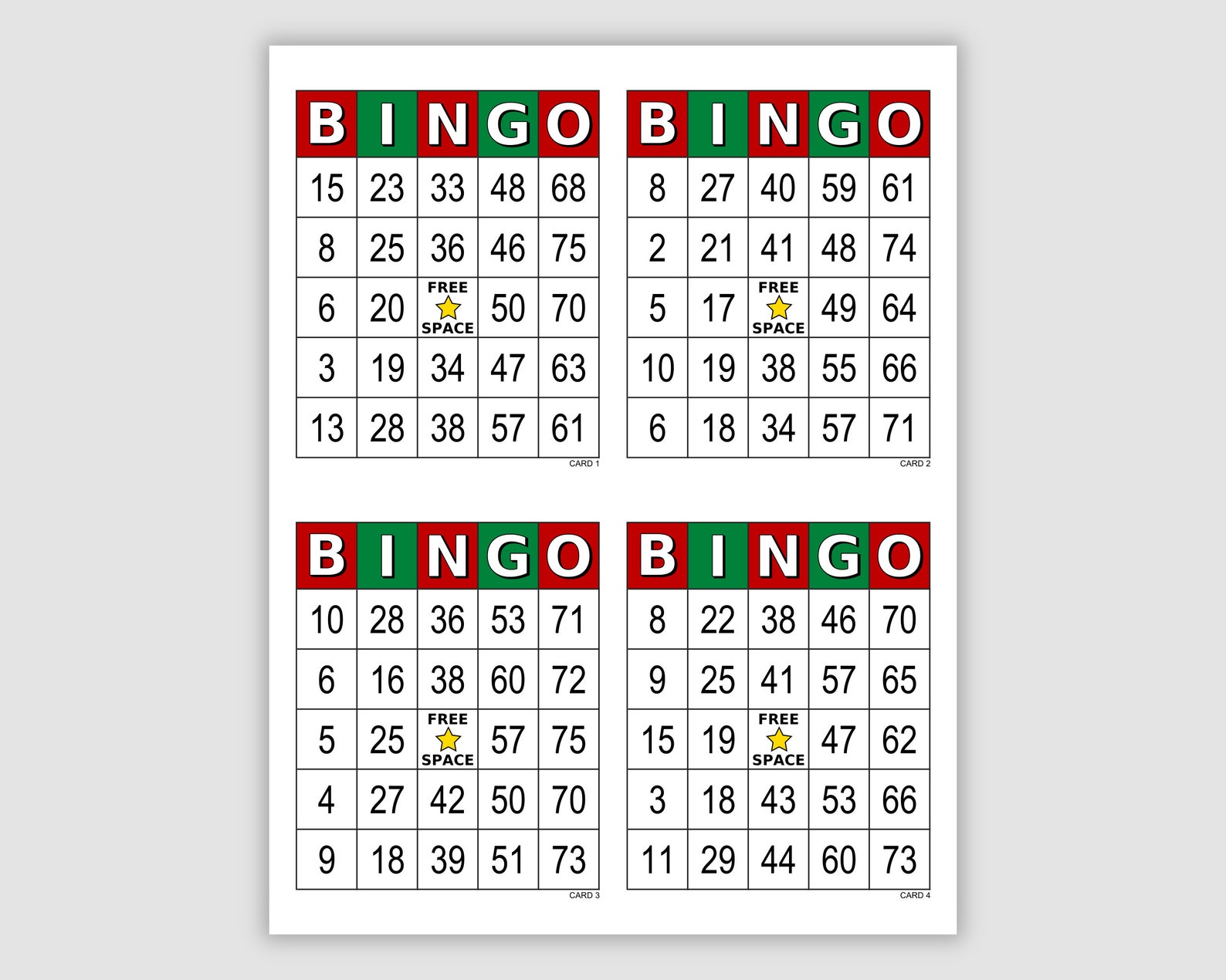 500 Red and Green Bingo Cards, 1, 2, and 4 per Page, Pdf Download ...