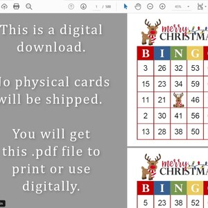 500 Christmas Bingo Cards, 1, 2, and 4 per Page, Reindeer Fun Printable ...