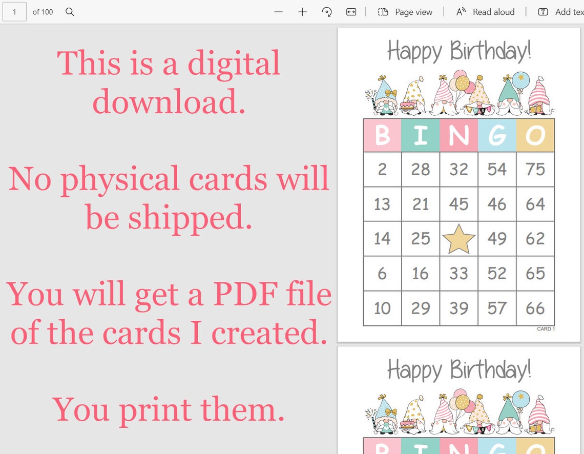 100 Birthday Bingo Cards Pdf Download 1 per Page Instant - Etsy