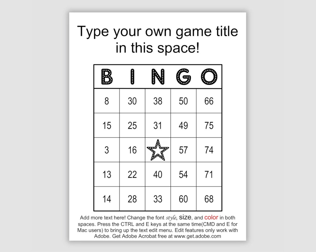 1000 Card Editable Bingo Template, 75 Call, Top and Bottom Text Edits ...