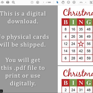 1000 Christmas Bingo Cards, 1, 2, and 4 per Page, Pdf Download, Instant ...