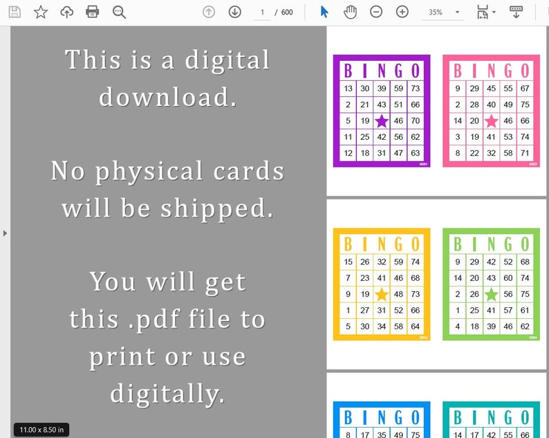1200 Bingo Cards, 1, 2, 4, and 6 per Page, Instant Printable Pdf ...