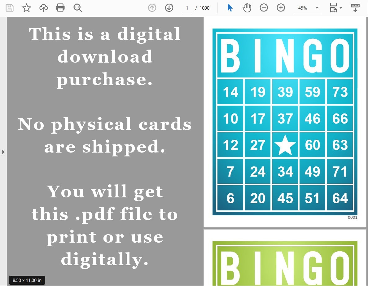 1000 Bingo Cards Pdf Download, 1, 2, and 4 per Page, Instant Printable ...