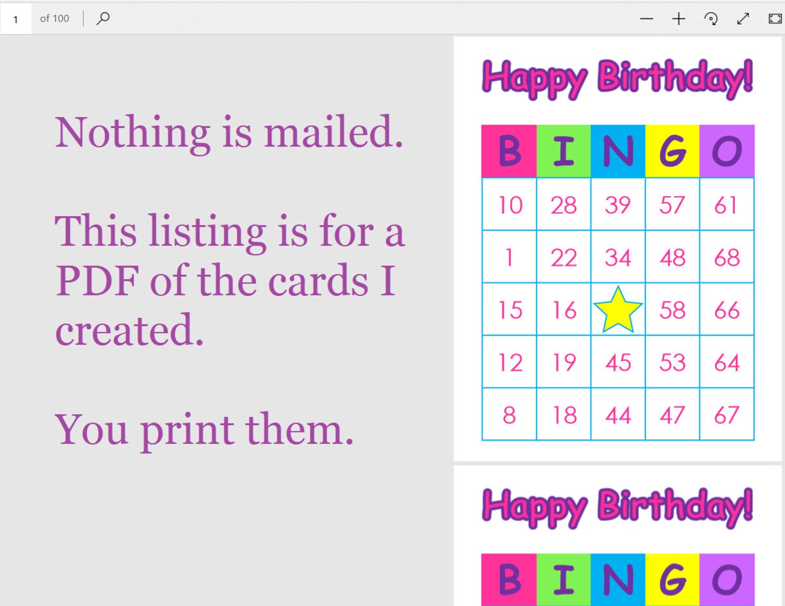 100 Birthday Bingo Cards, Pdf Download, 1 per Page, 75 Call, Instant ...