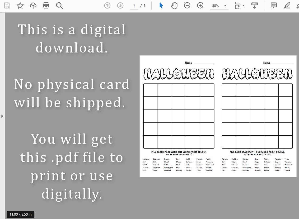 Halloween Bingo Card Activity, Pdf Download, 1 and 2 per Page, DIY ...