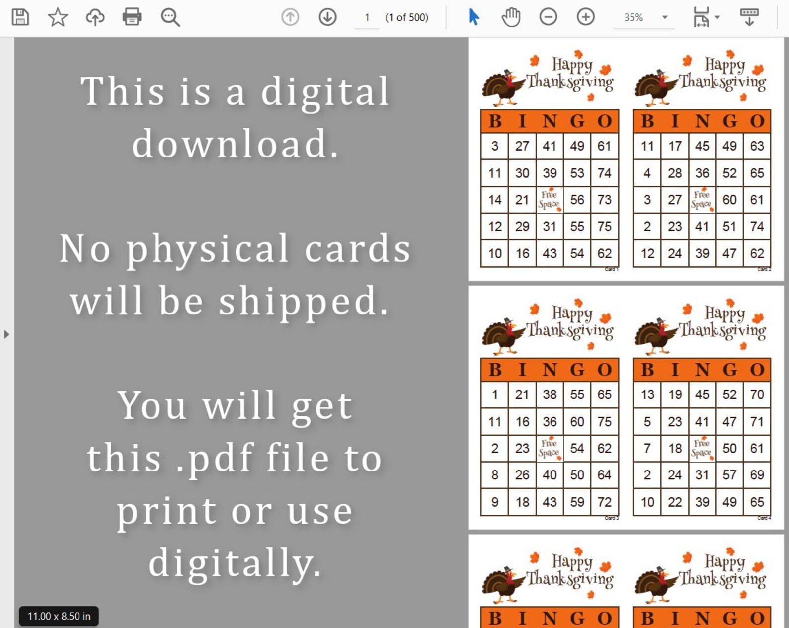 1000 Thanksgiving Bingo Cards, 1, 2, and 4 per Page, Pdf Download ...