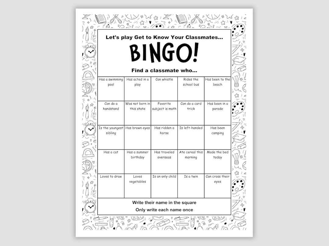 50 Classmate Bingo Cards Pdf Download, 1 per Page, Instant Printable ...