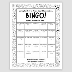 50 Classmate Bingo Cards Pdf Download, 1 per Page, Instant Printable ...