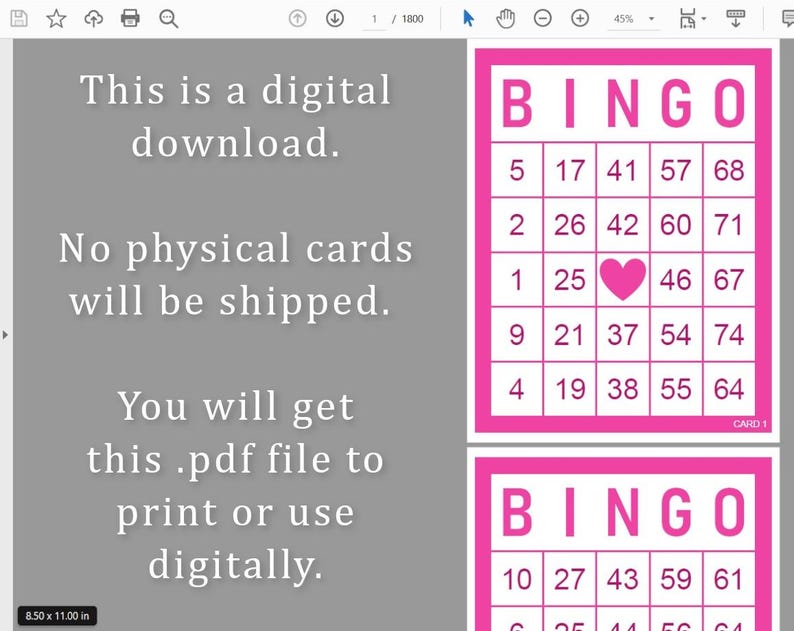 1800 Jumbo Bingo Cards Pdf Download, 1 per Page, Print Multiple per ...