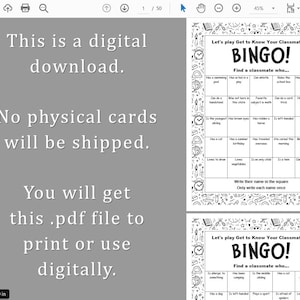 50 Classmate Bingo Cards Pdf Download, 1 per Page, Instant Printable ...