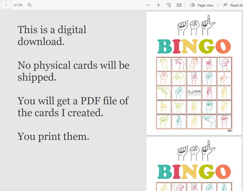 100 ASL Bingo Cards Prints 1 and 2 per Page Instant Pdf | Etsy