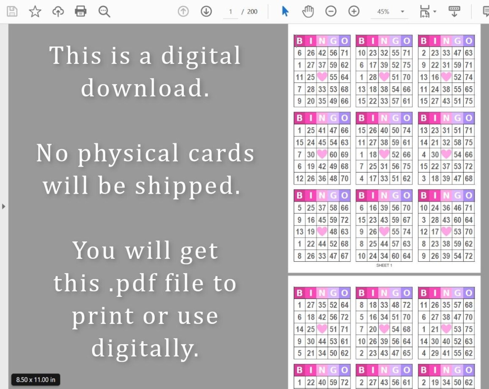 1800 Bingo Cards Pink Purple Bingo Cards 200 Sheets 9 Games on Each ...