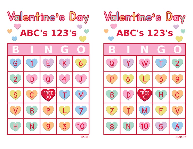 100 Valentines Day Abc's & 123's Bingo Cards Pdf - Etsy