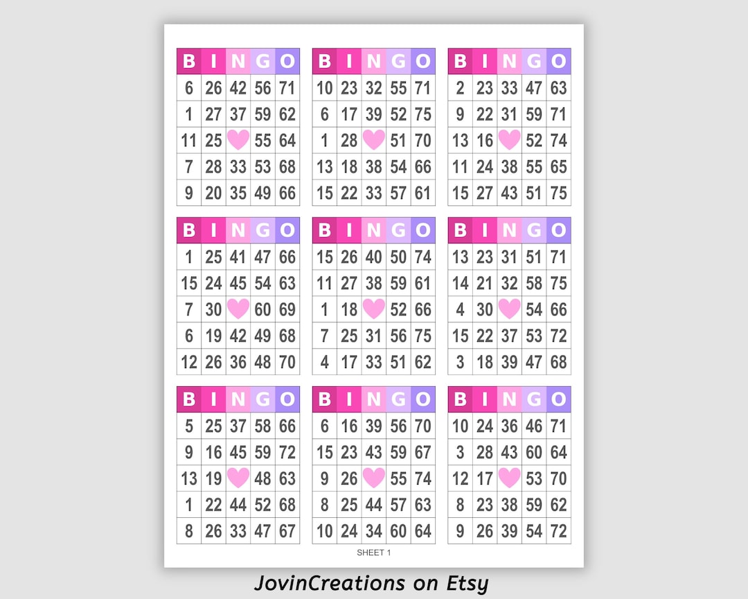 1800 Bingo Cards Pink Purple Bingo Cards 200 Sheets 9 Games on Each ...