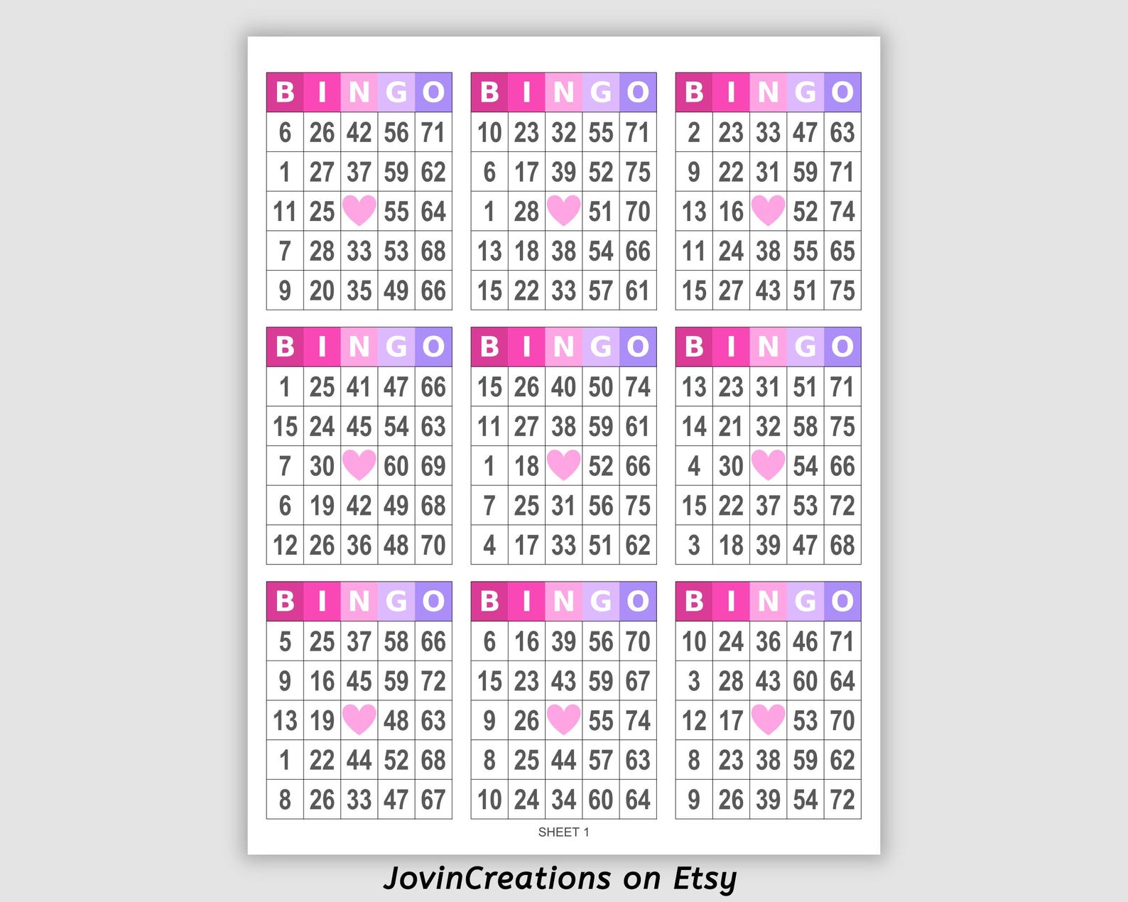 1800 Bingo Cards Pink Purple Bingo Cards 200 Sheets 9 Games on Each ...