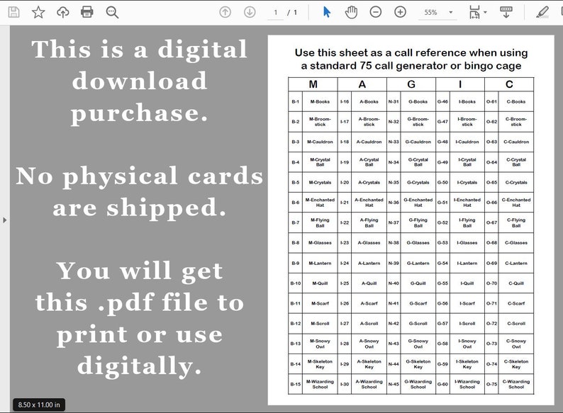 100 MAGIC Picture Bingo Cards Pdf Download 75 Call 1 and 2 - Etsy