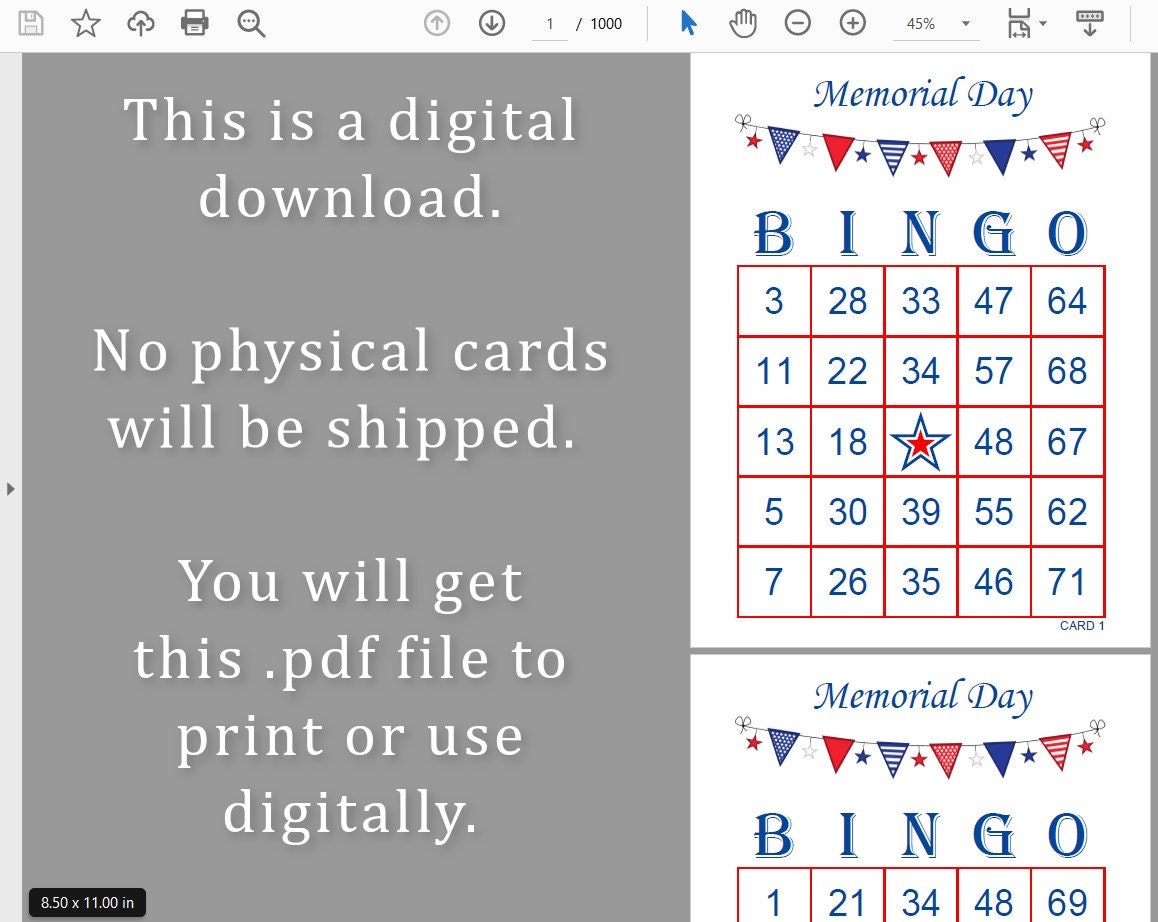 1000 Memorial Day Bingo Cards Pdf Download, 1 and 2 per Page, Instant ...