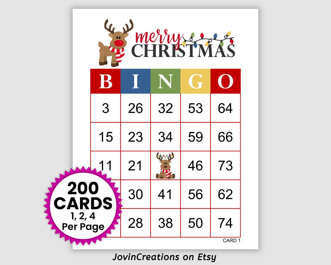 200 Christmas Bingo Cards, 1, 2, and 4 per Page, Reindeer Fun Printable ...