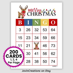 200 Christmas Bingo Cards, 1, 2, and 4 per Page, Reindeer Fun Printable ...