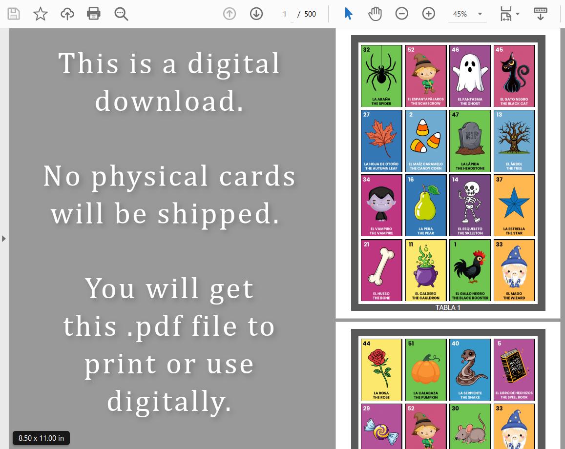 500 Halloween Bingo Cards, 54 Call Cards, Spanish and English Printable ...