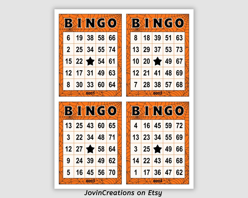 Halloween Bingo Cards Pdf Download, 1, 2, and 4 per Page, Orange Spider ...