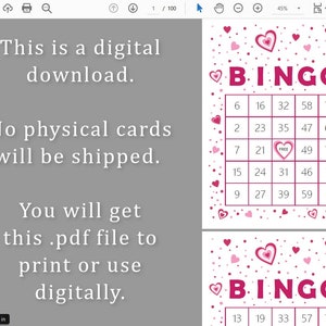 Valentine's Day Bingo Cards, 100 Cards, Prints 2 per Page, Instant Pdf ...