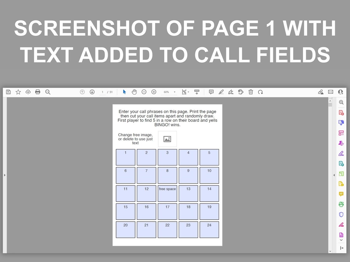 50 Card Editable Bingo Template, 24 Call Game, All Text and Free Image ...