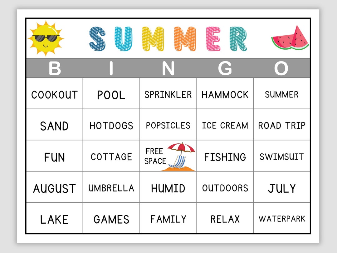 100 Summer Bingo Cards, Pdf Download, 1, 2, and 4 per Page, 50 Call ...