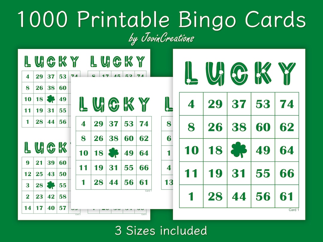 1000 LUCKY Bingo Cards 1 2 and 4 per Page Instant - Etsy