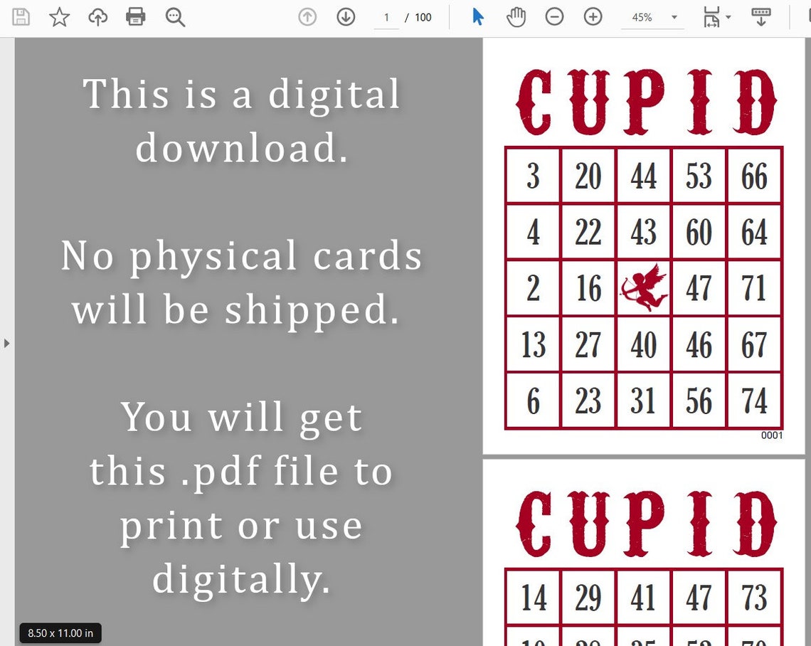 100 Cupid Bingo Cards Pdf Download, 1, 2, and 4 per Page, Instant ...