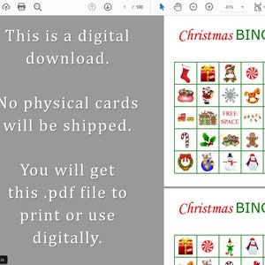 100 Christmas Bingo Cards Pdf Download, 1 per Page, Instant Printable ...