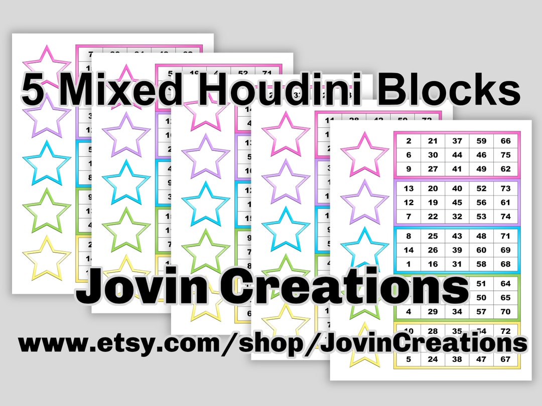 5 Block Bingo Board Bundle, Houdini, Plus 1 Blank, Instant Printable ...