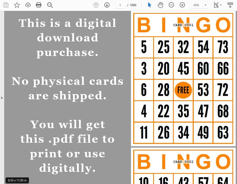 1000 Jumbo Bingo Cards Pdf Download 1 per Page Instant - Etsy